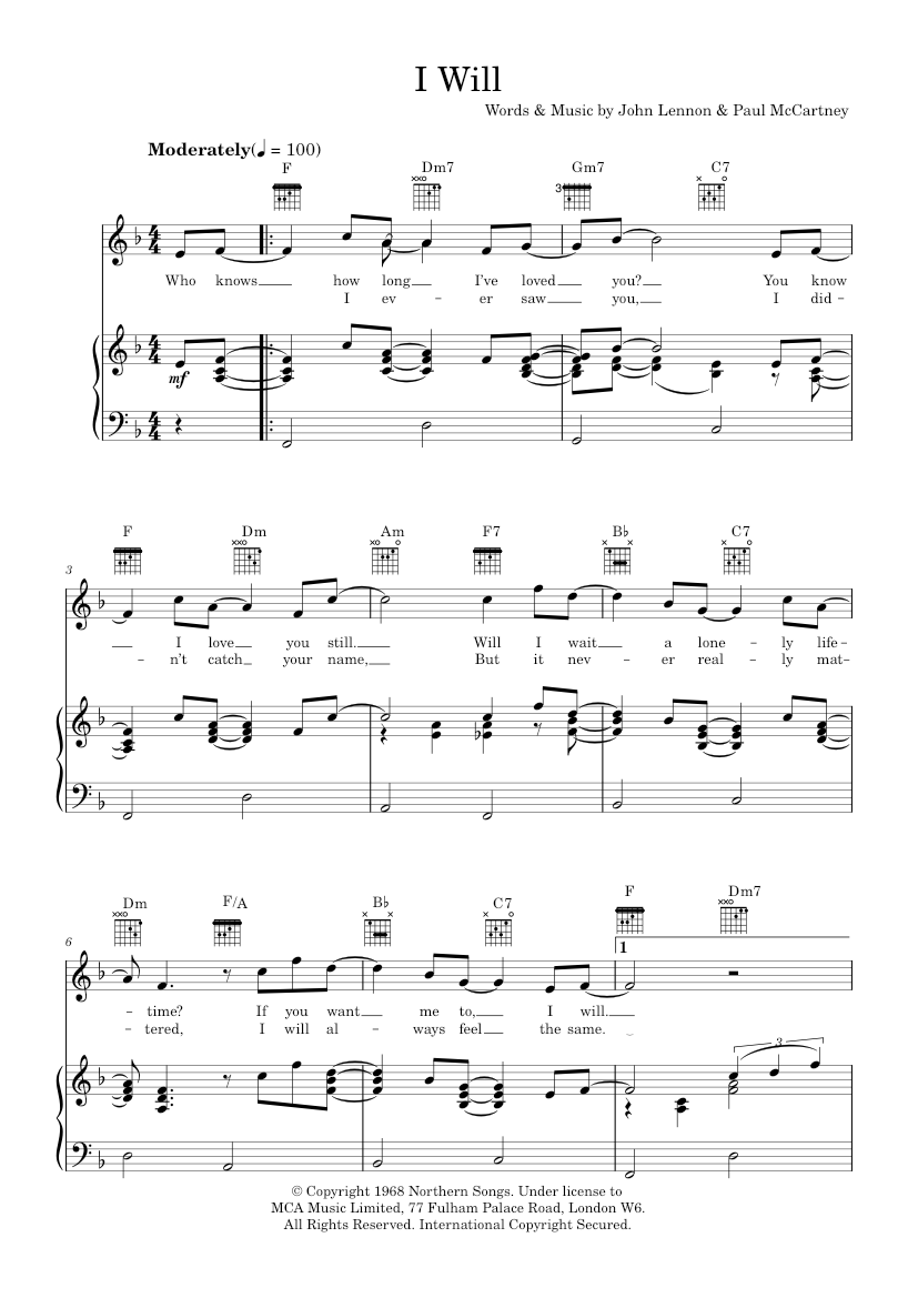 Play Official version of I will Sheet Music by The Beatles for Piano ...