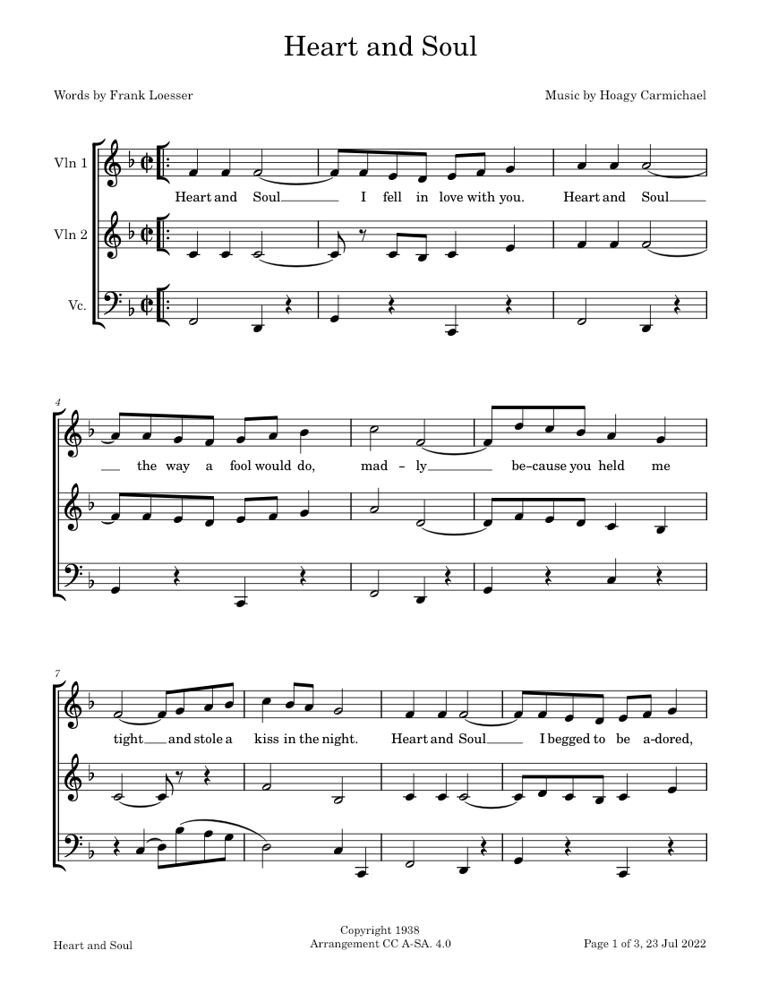 Heart And Soul Hoagy Carmichael Sheet Music For Violin Cello Mixed 6711