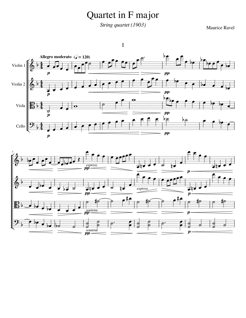 Quartet in F major – Maurice Ravel String quartet in F major, I Sheet music for Violin, Viola ...