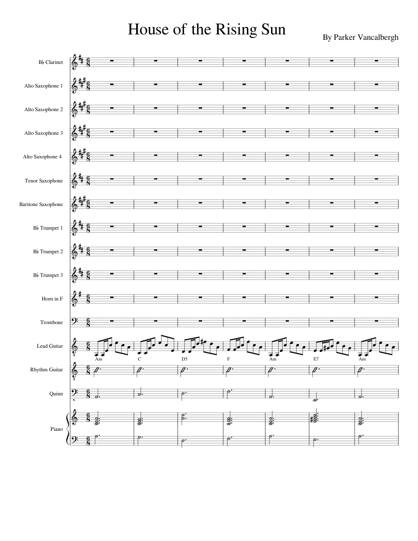 House of the Rising Sun Score Sheet Music for Piano, Trombone, Clarinet ...