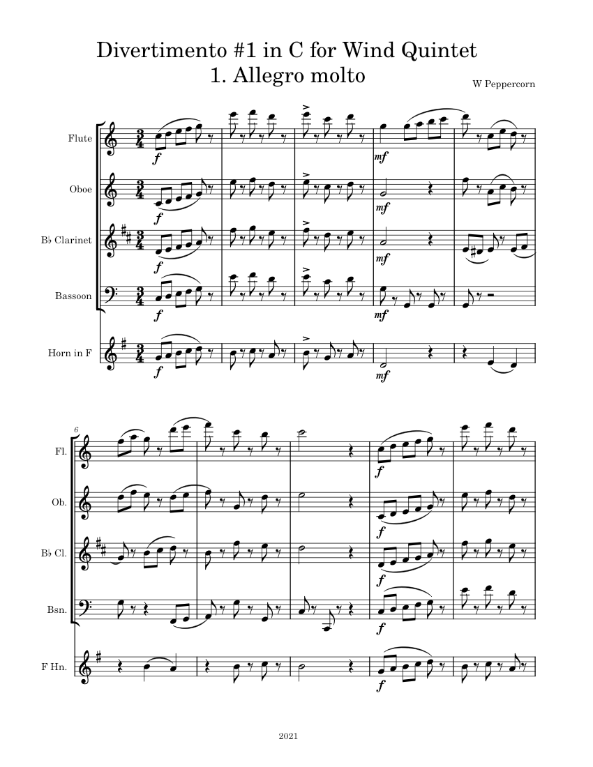 Divertimento #1 for Wind Quintet in C 1. Allegro molto Sheet music for ...