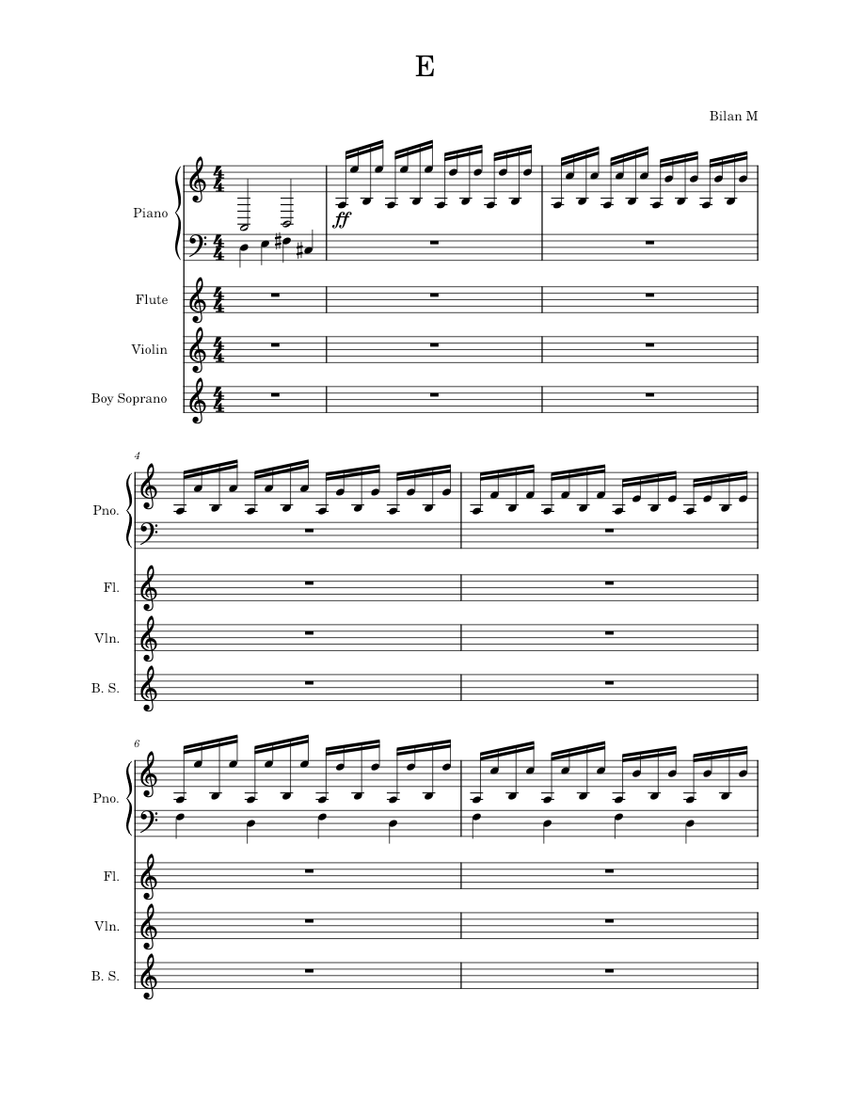 E Sheet music for Piano, Child, Flute, Violin (Mixed Quartet ...