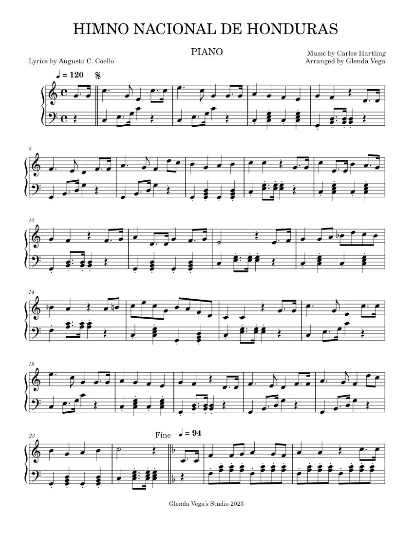HIMNO NACIONAL DE HONDURAS - PIANO Sheet music for Piano (Solo) Easy ...