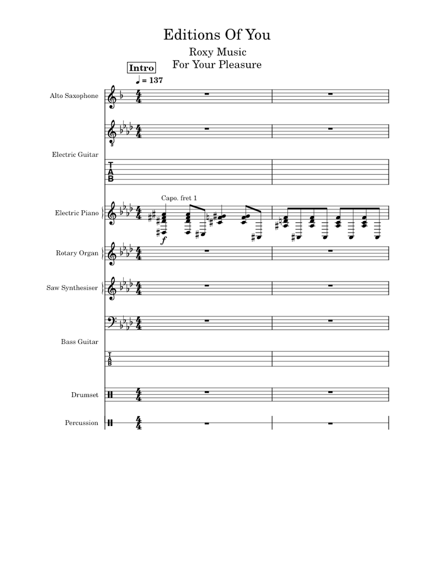 Editions Of You - Roxy Music Sheet music for Piano, Organ, Saxophone ...