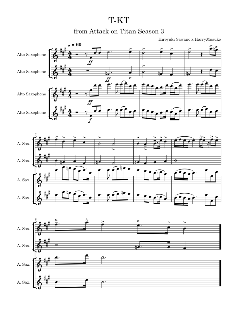Attack On Titan Hiroyuki Sawano T Kt For Alto Sax Quartet Sheet Music For Saxophone Alto