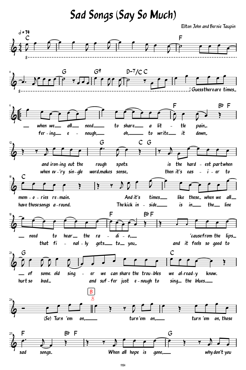 Sad Songs (Say So Much) (Lead sheet with lyrics ) Sheet Music for Piano ...