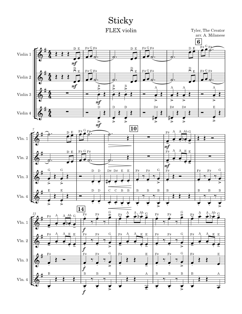 Sticky – Tyler, The Creator (Flex parts) Sheet Music for Violin (Mixed Quartet) | MuseScore.com