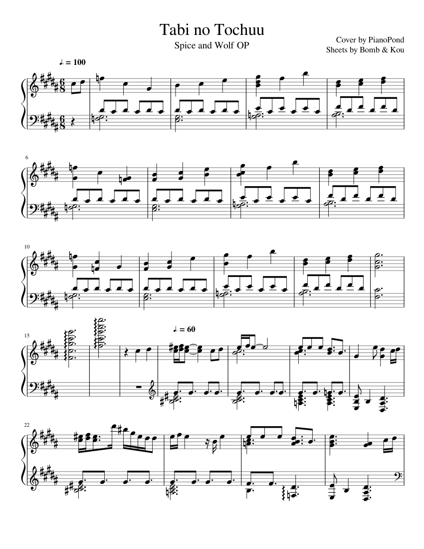 Tabi no Tochuu | Spice and Wolf OP | PianoPond | Full Sheets Sheet ...