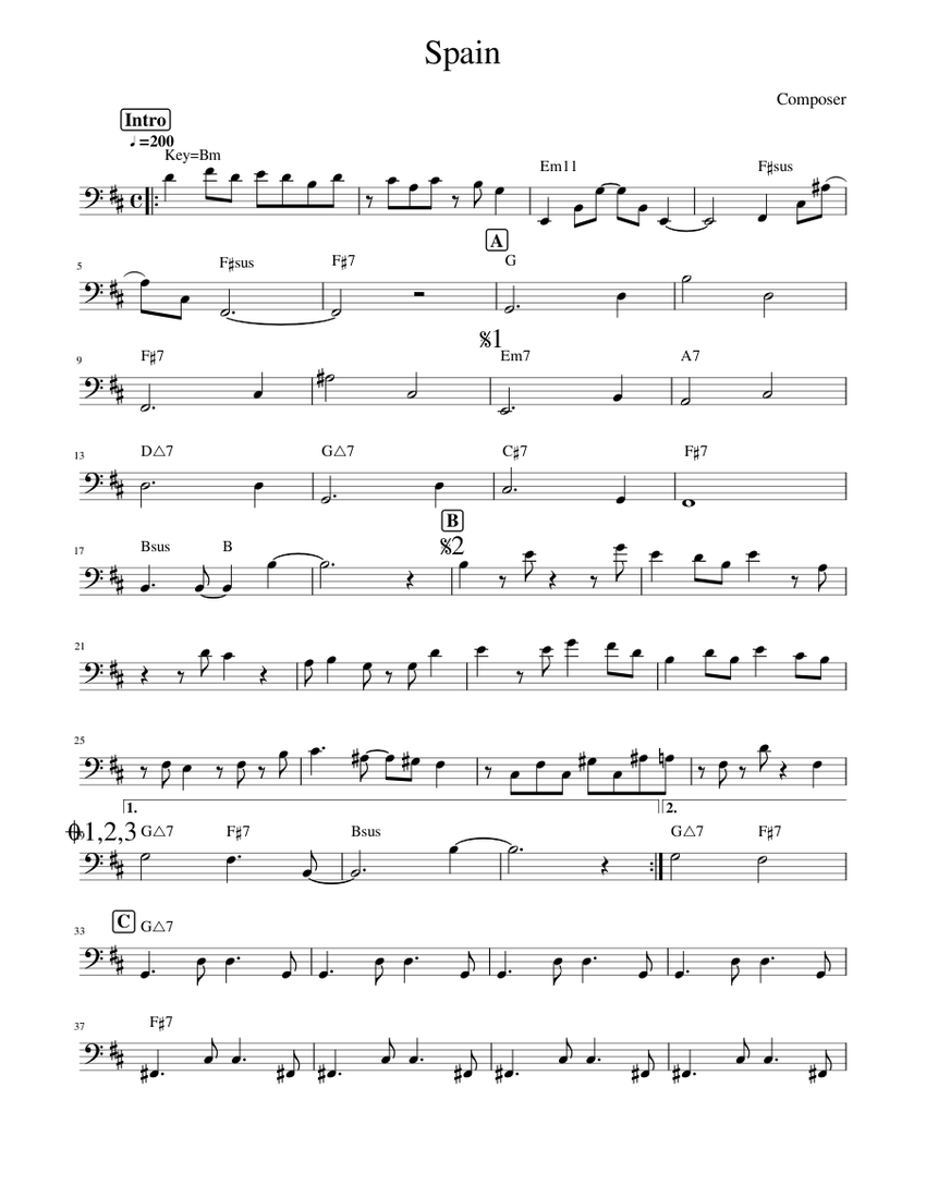 ★Spain【Bass Live用】 Sheet music for Piano (Solo) Easy | Musescore.com