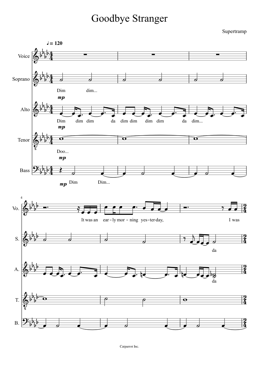 Goodbye Stranger Sheet music for Bass guitar, Voice (other) (Mixed Duet ...