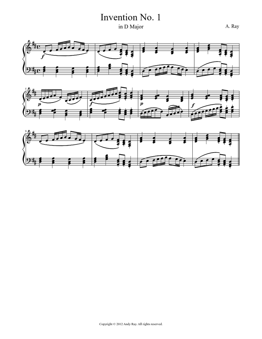 Invention #1 (D Major, Common Time) Sheet music for Piano (Solo ...