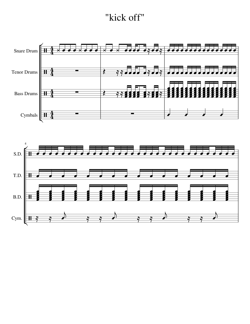kick off Sheet music for Snare drum, Crash, Tenor drum, Bass drum ...