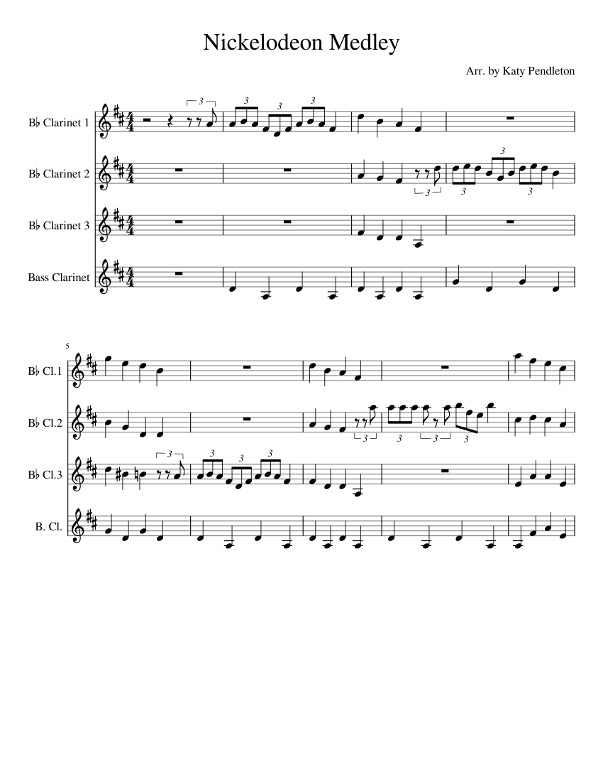 Nickelodeon Medley Sheet music for Clarinet in b-flat, Clarinet bass ...