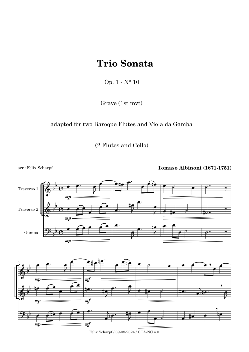 Trio Sonata Op. 1, N° 10 (Grave) Tomaso Albinoni - arr. for 2 Flutes ...