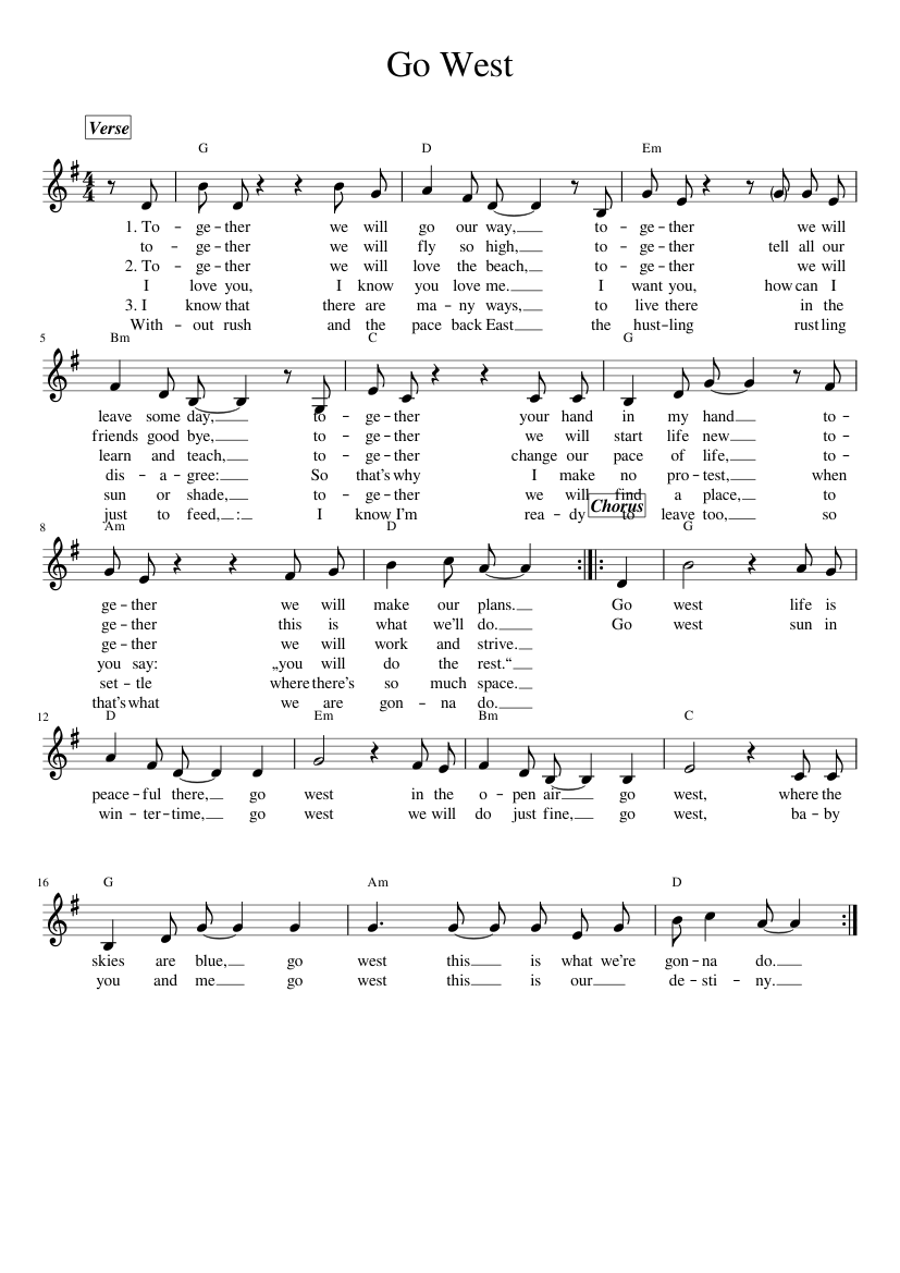Go West Sheet Music with Chords for Piano (Solo) | MuseScore.com