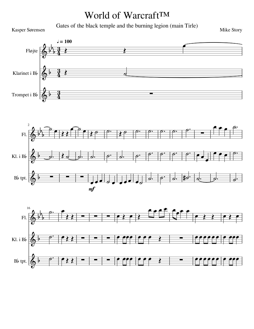 world of warcraft Sheet music for Flute, Clarinet in b-flat, Trumpet in ...