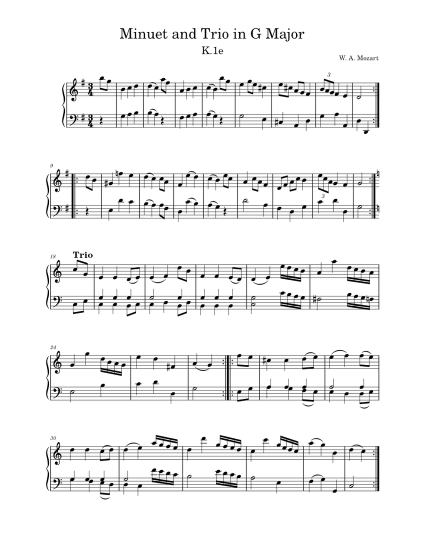 Minuet_and_Trio_in_G_Major K.1e - W. A. Mozart Sheet music for Piano ...