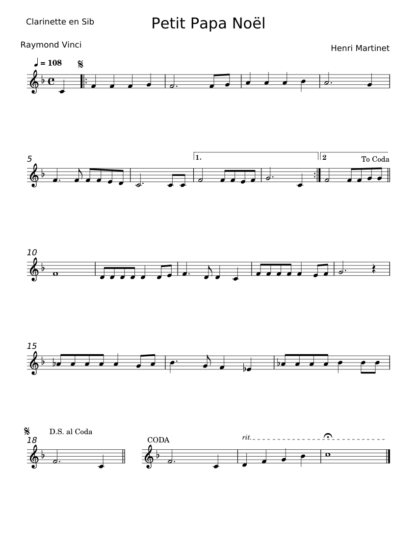 Petit Papa Noël - Henri Martinet Sheet Music for Clarinet in b-flat ...