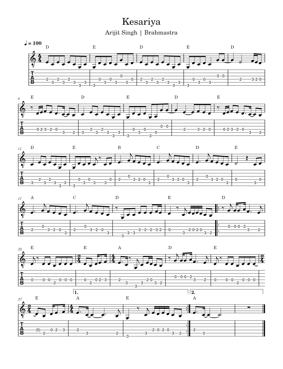 Kesariya – Pritam Kesariya Sheet Music and Tab with Chords for Guitar ...
