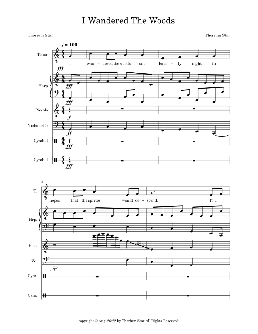 I Wandered The Woods Sheet music for Tenor, Flute piccolo, Crash, Cello ...