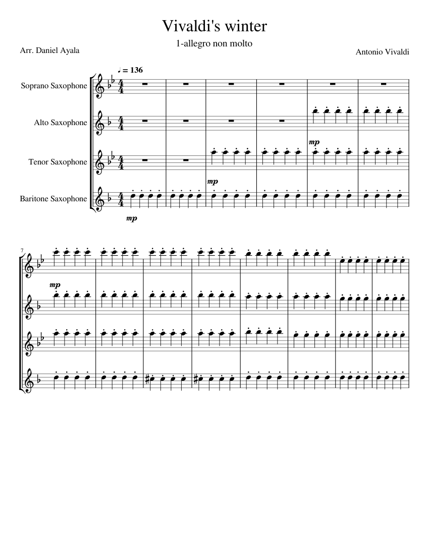 Vivaldi's winter movement 1 for sax quartet Sheet music for Saxophone ...