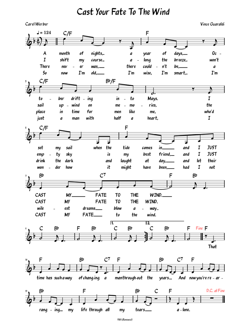 Cast Your Fate to the Wind (Lead sheet with lyrics ) - piano tutorial