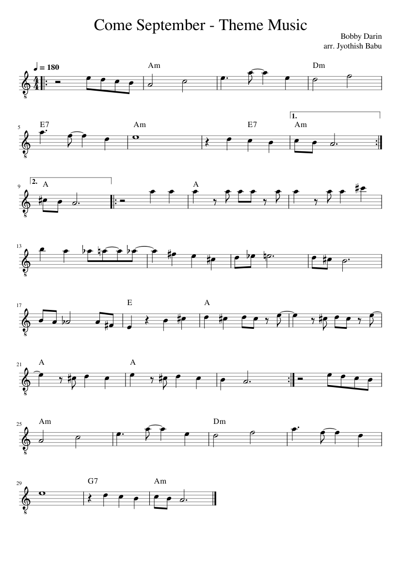 Come september theme – Bobby Darin Sheet Music with Chords for Guitar ...