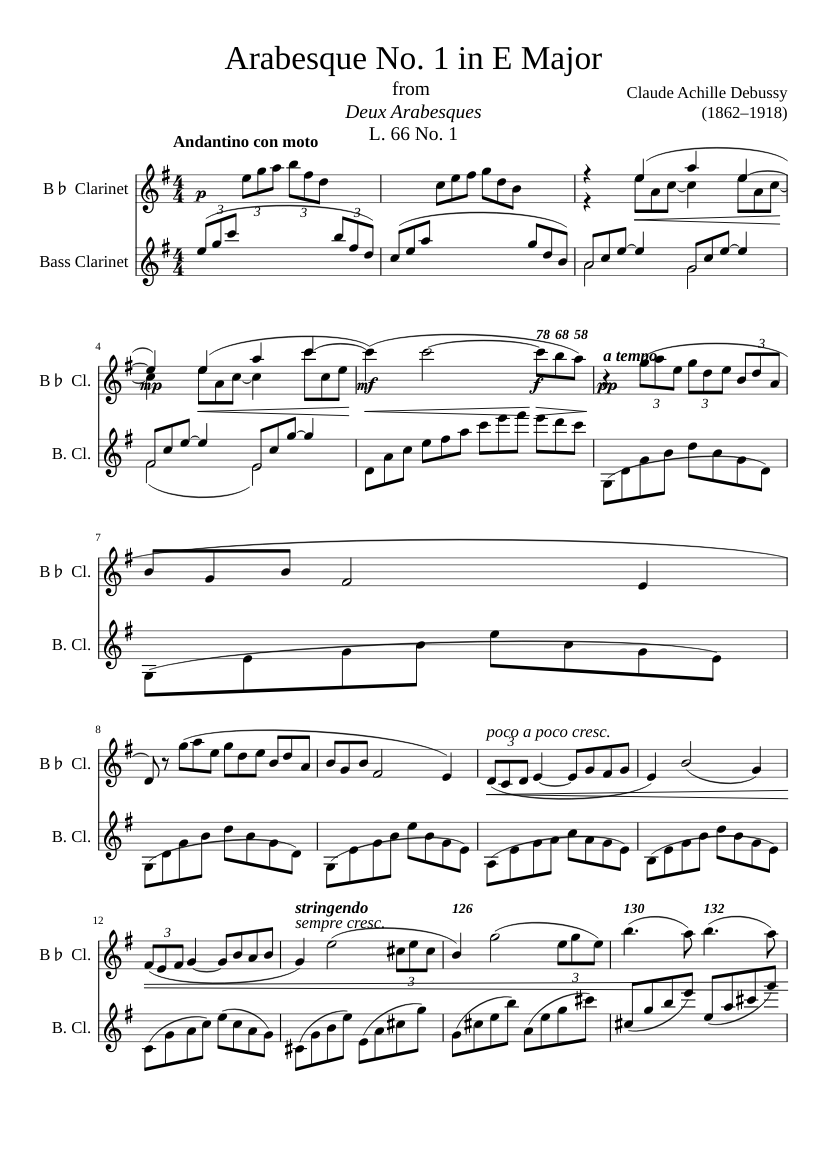 bb Arabesque L. 66 No. 1 in E Major Sheet music for Clarinet in b-flat ...