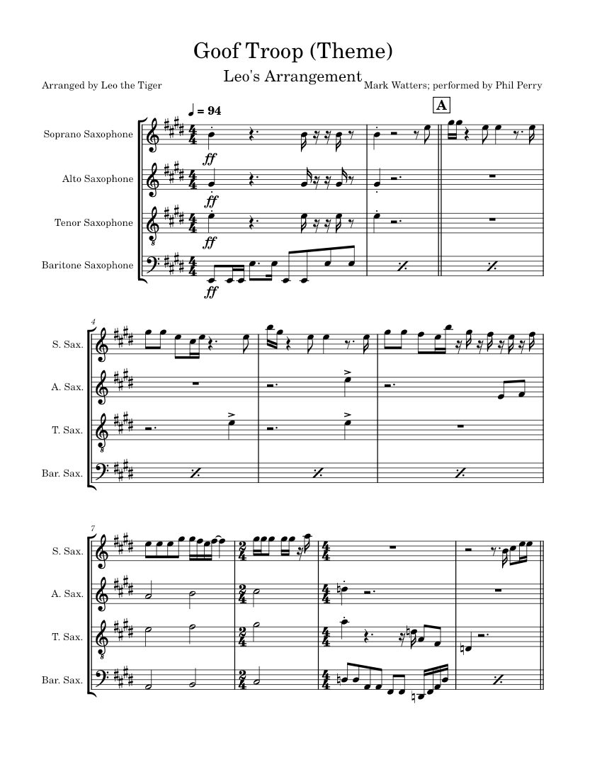 Arrangement: Goof Troop (Theme) Sheet music for Saxophone alto ...