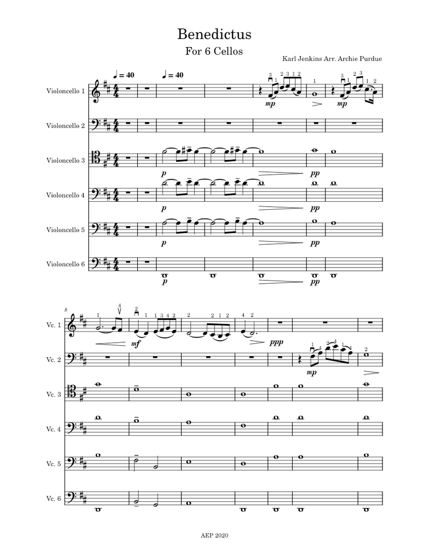 Benedictus – Karl Jenkins - Arranged for Six Cellos, With Parts Sheet ...
