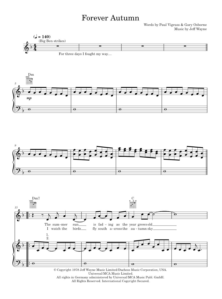 Play Official version of Forever autumn sheet music by Jeff Wayne for ...