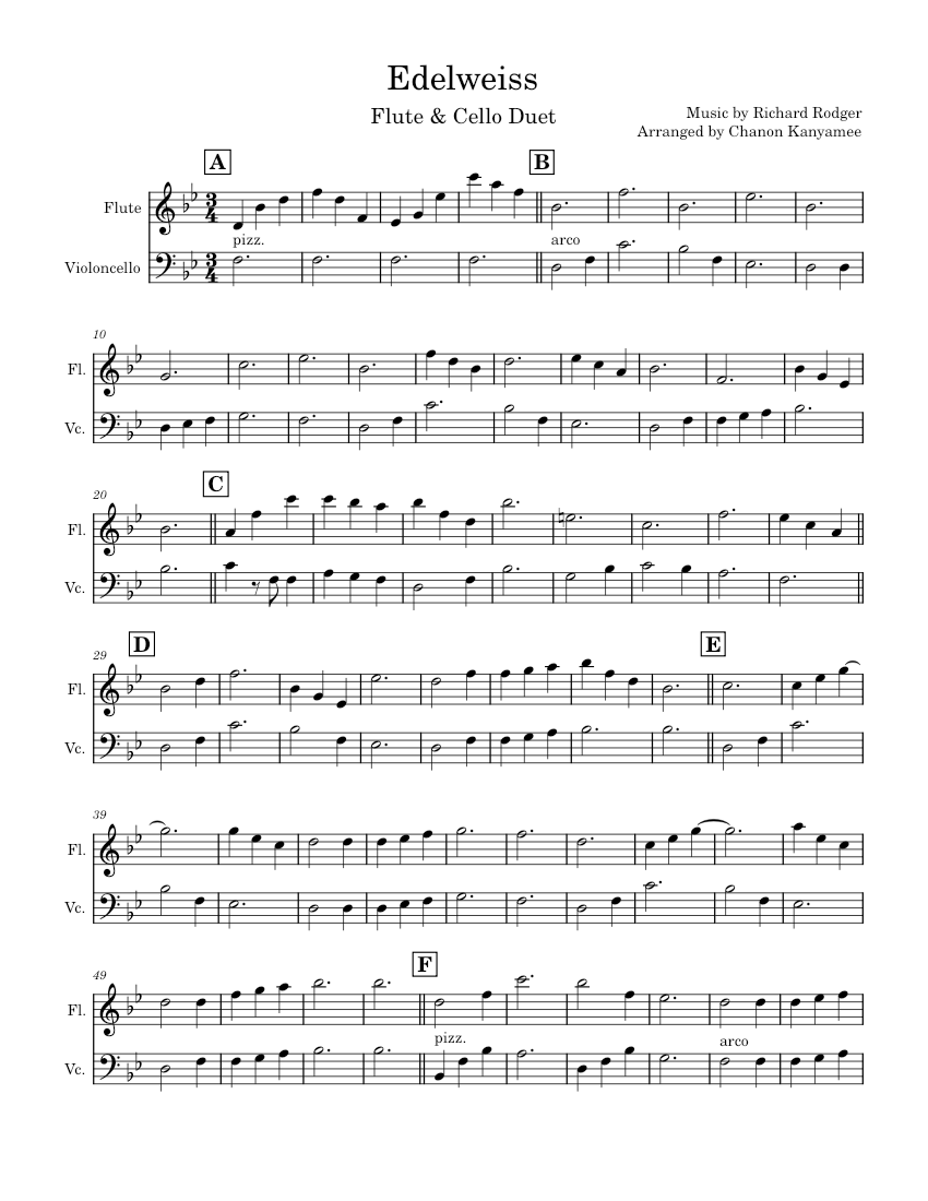 Edelweiss – Richard Rodgers Edelweiss Flute and Cello Duet Sheet Music ...