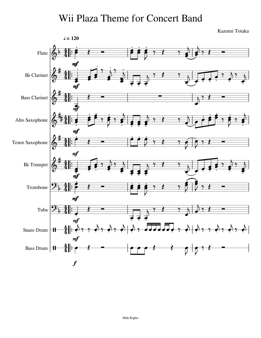 Wii Plaza Theme for Concert Band Sheet music for Trombone, Tuba, Flute ...