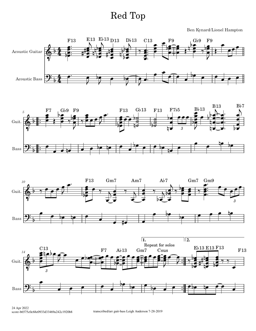 Red Top (guit-bass-rvsd-mu) - Ben Kynard, Lionel Hampton Sheet music ...
