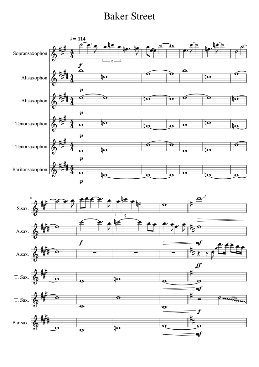Baker Street for Sax Quintet/Sextet Sheet Music for Saxophone alto ...