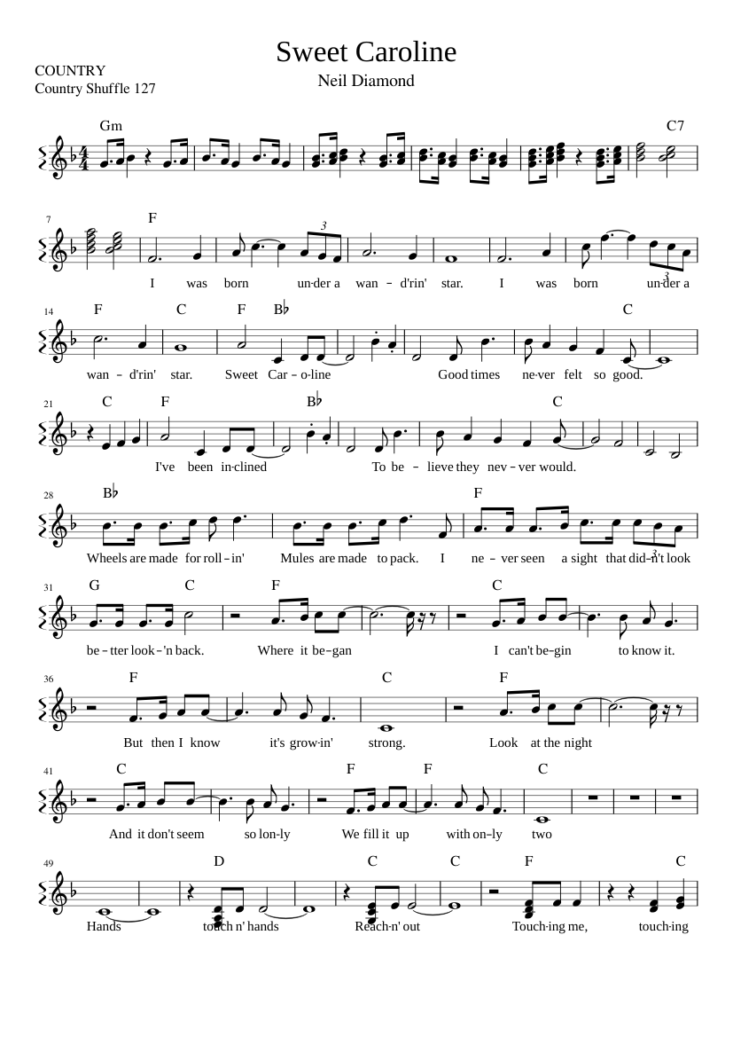 Sweet Caroline Sheet Music with Chords for Piano (Solo) easy ...