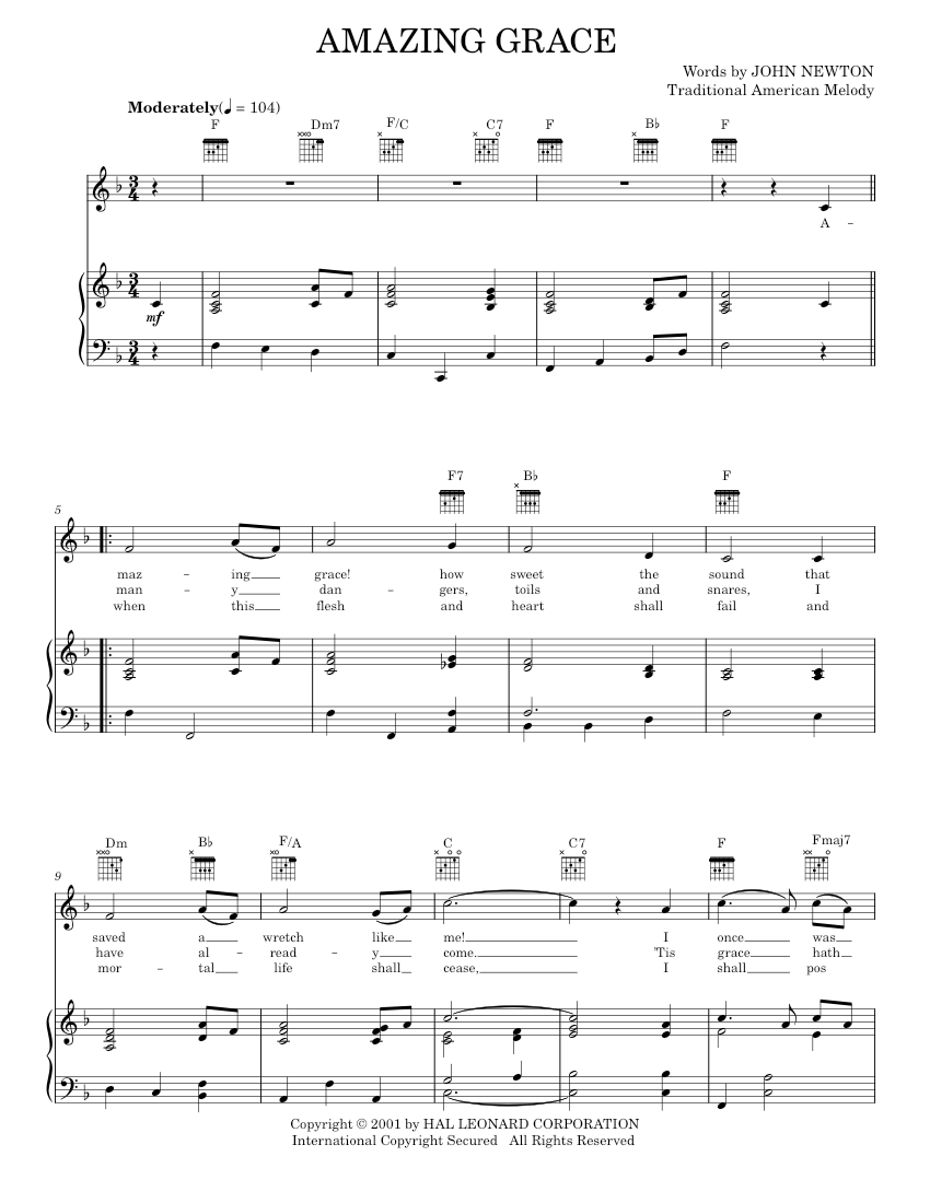 Amazing Grace Sheet music for Piano, Vocals by John Newton: Music Notes ...
