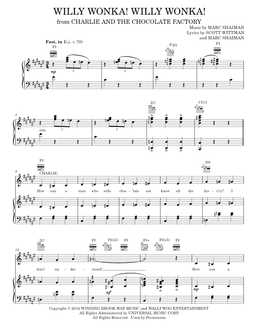 Willy Wonka! Willy Wonka! Sheet music for Piano, Vocals: Music Notes