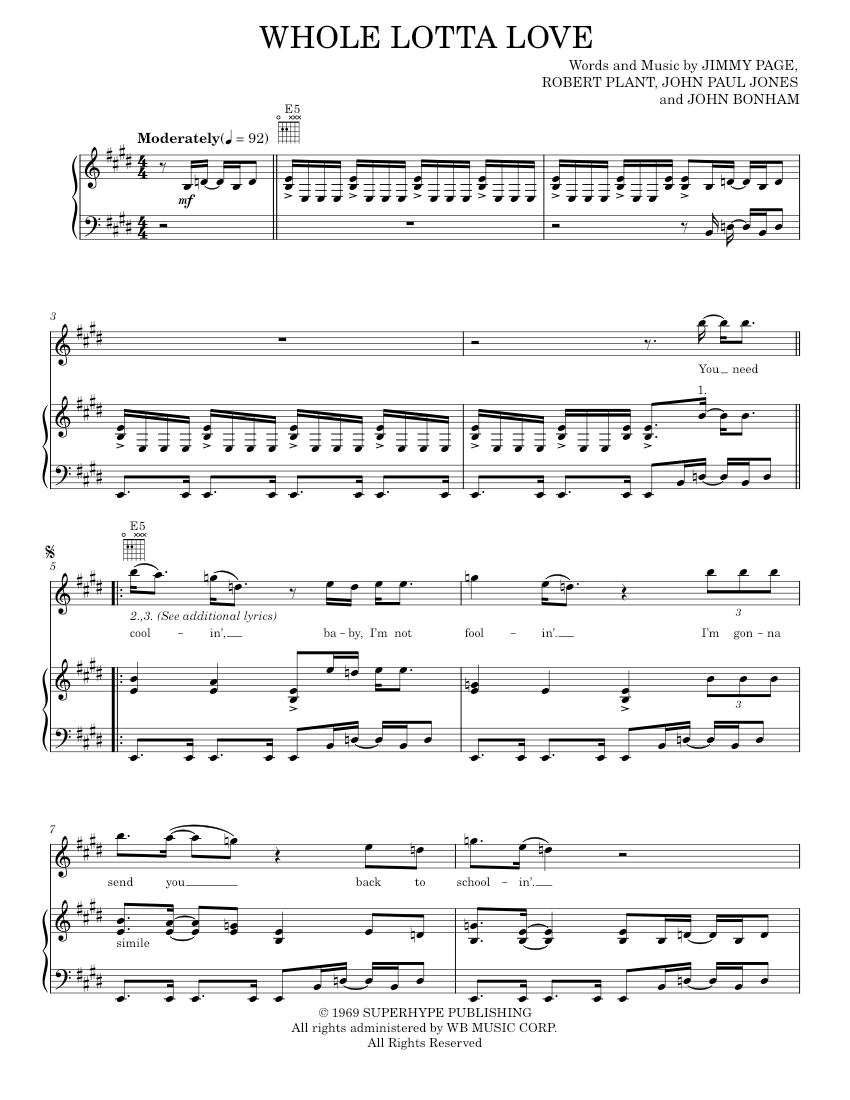 Play Official version of Whole lotta love sheet music by Led Zeppelin for Piano, Vocals ...