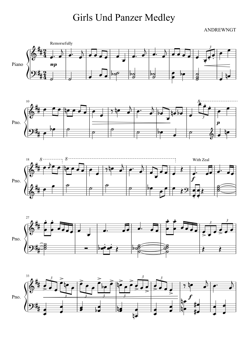 Girls Und Panzer soundtrack medley Sheet Music for Piano (Solo ...