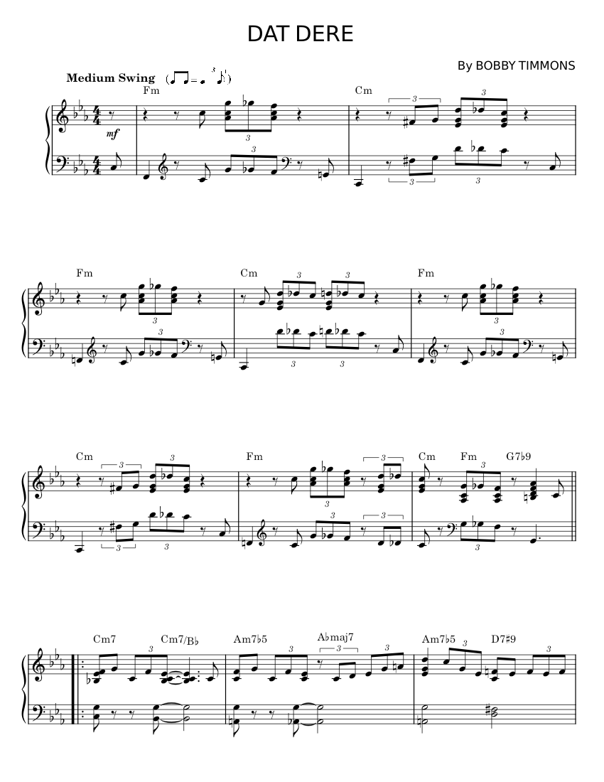 Dat Dere - Bobby Timmons Sheet Music with Chords for Piano (Solo ...