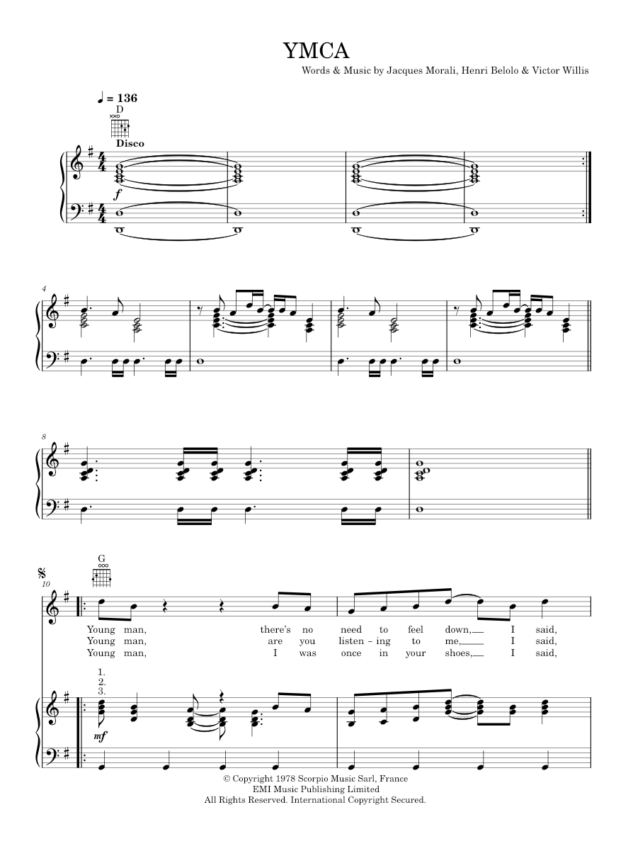 Play Official version of Y.M.C.A. sheet music by Village People for ...