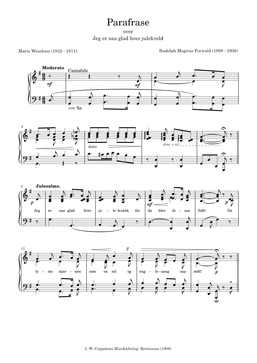 Parafrase over «Jeg er saa glad hver julekveld» Sheet Music for Piano ...