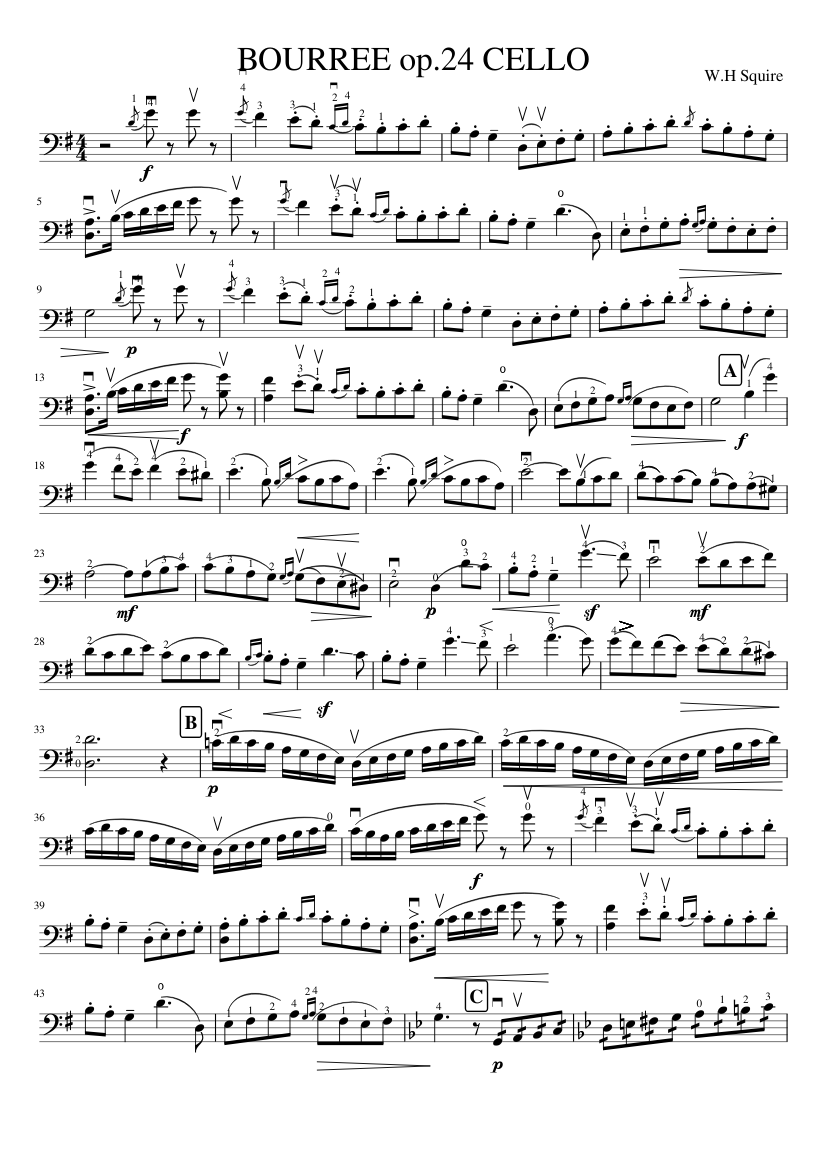 BOURREE op 24 CELLO Sheet Music for Piano (Solo) easy | MuseScore.com