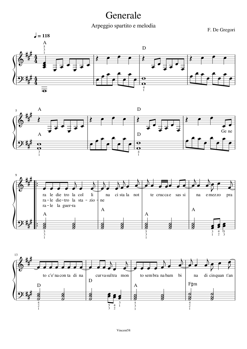 Generale (arpeggio e melodia) – Francesco De Gregori Generale Sheet ...