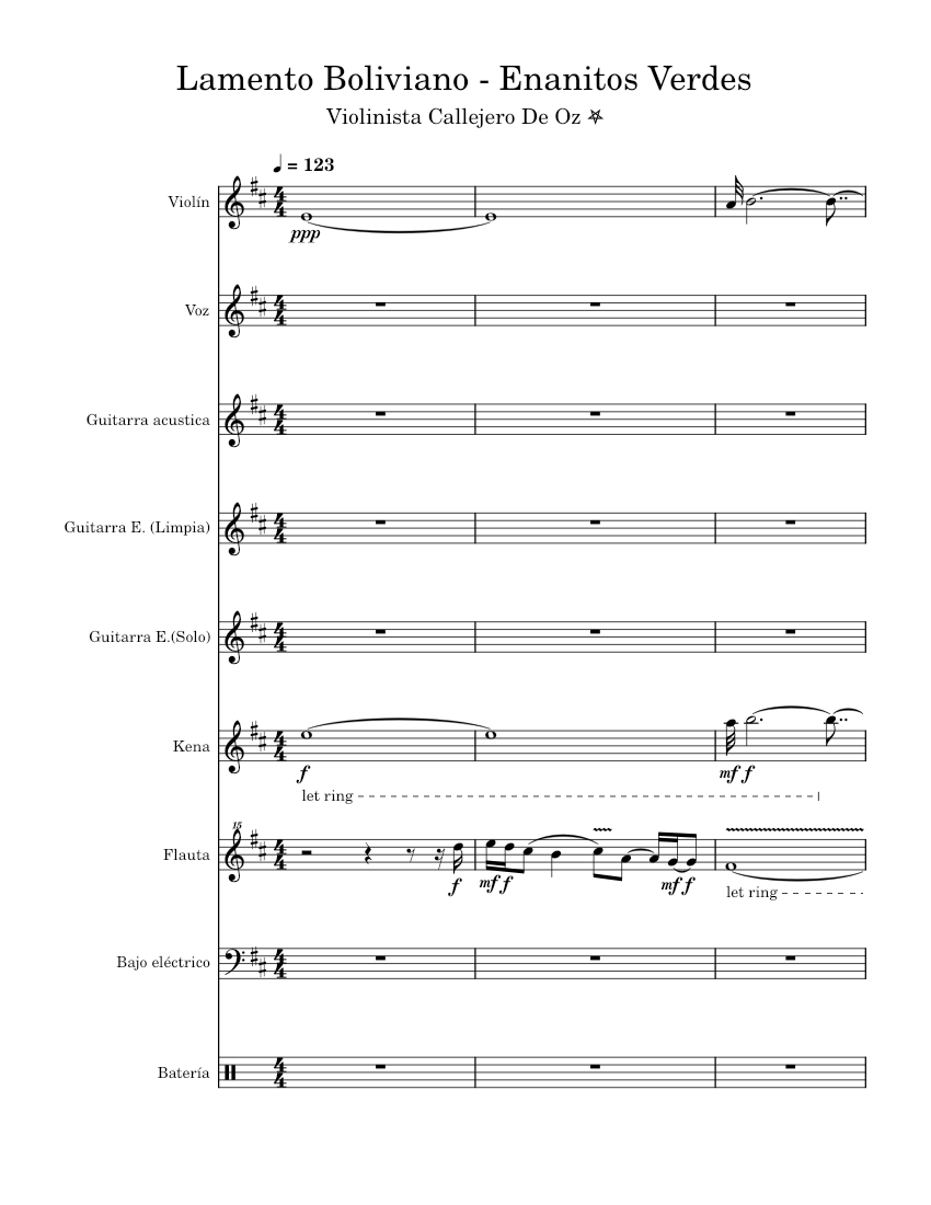 Lamento Boliviano - Enanitos Verdes Sheet Music for Violin, Guitar, Bass guitar, Drum group ...