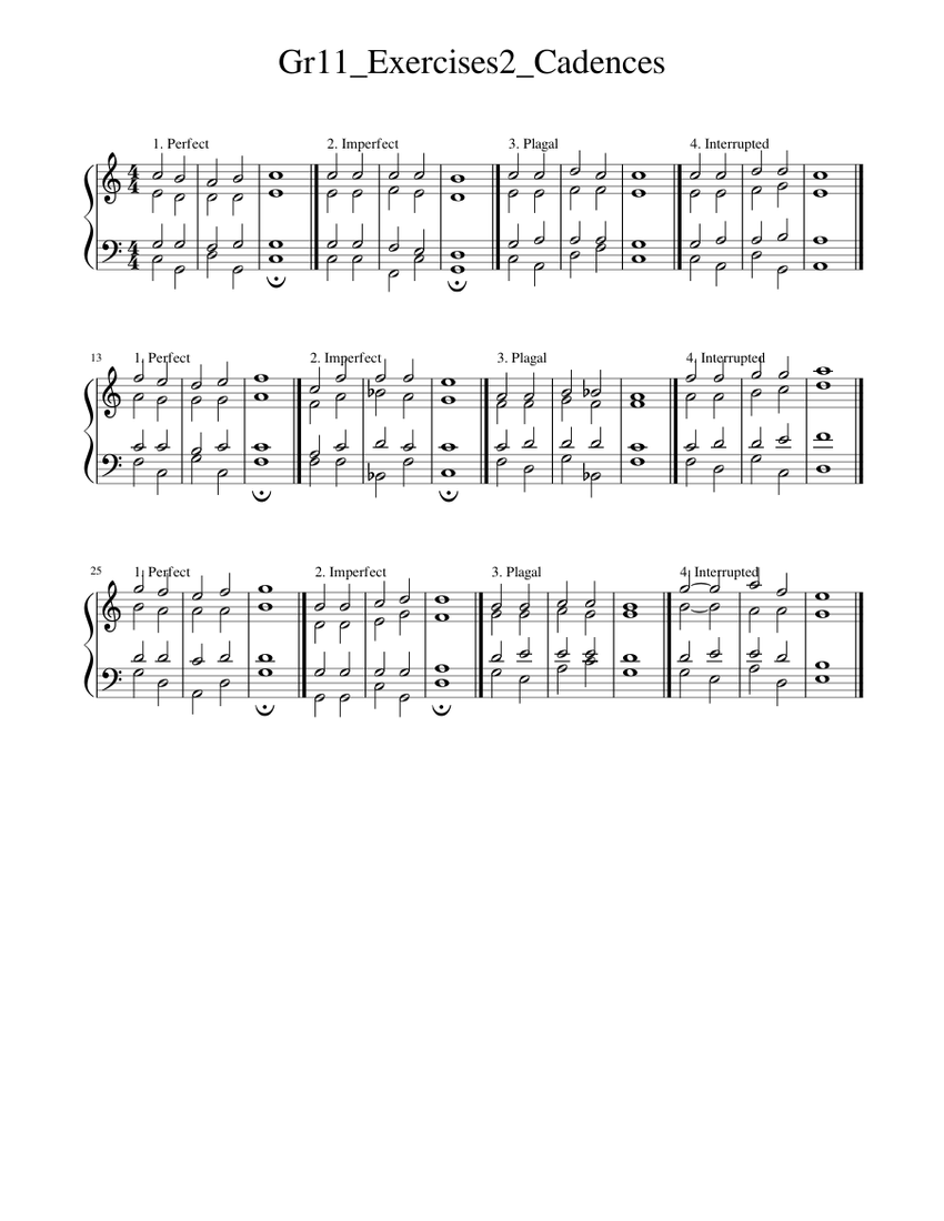 Gr11_Exercises2_Cadences Sheet music for Piano (Solo) | Musescore.com