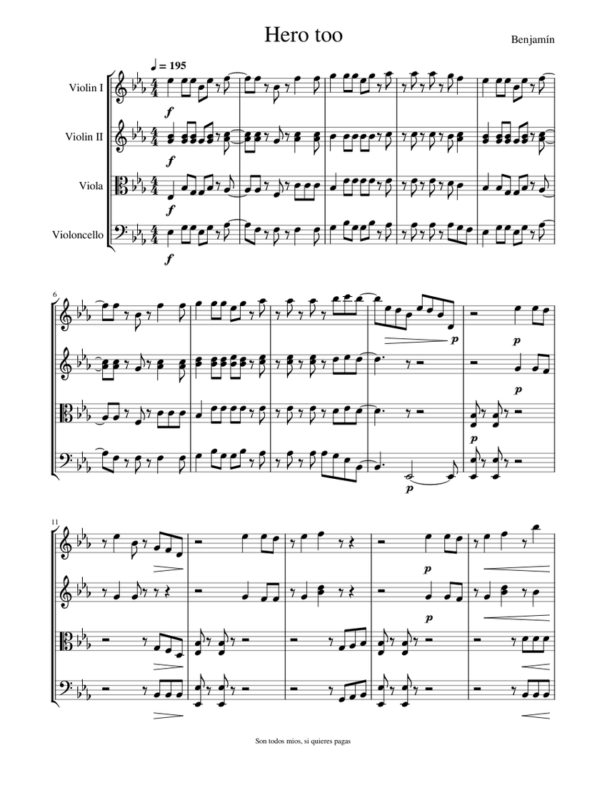 Hero Too Sheet music for Violin, Viola, Cello (String Quartet ...