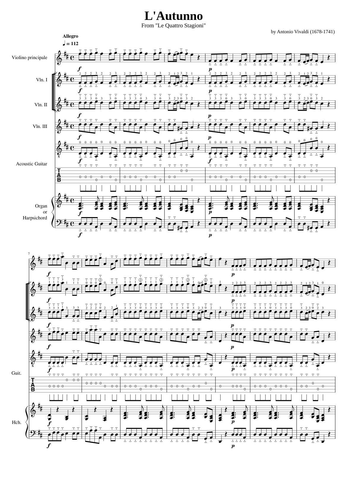 L'Autunno - Vivaldi Sheet music for Harpsichord, Violin, Guitar (String ...