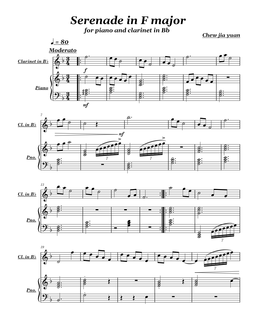 Serenade in F Sheet Music for Piano, Clarinet other (Solo) | MuseScore.com